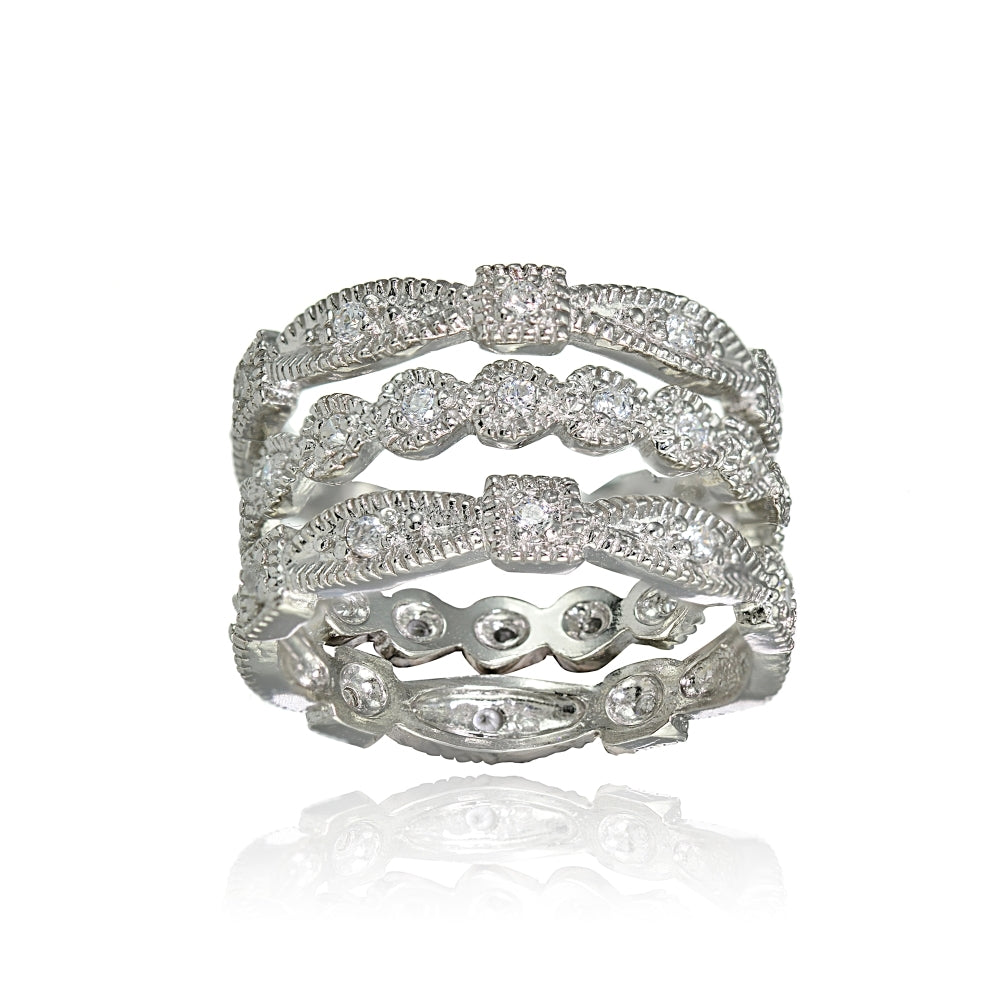 Sterling Silver Cubic Zirconia Textured Stackable Trio Ring Set ...