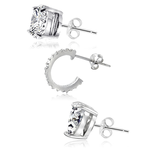 Sterling Silver Cubic Zirconia Half Hoop, Square Stud and Round Stud E ...